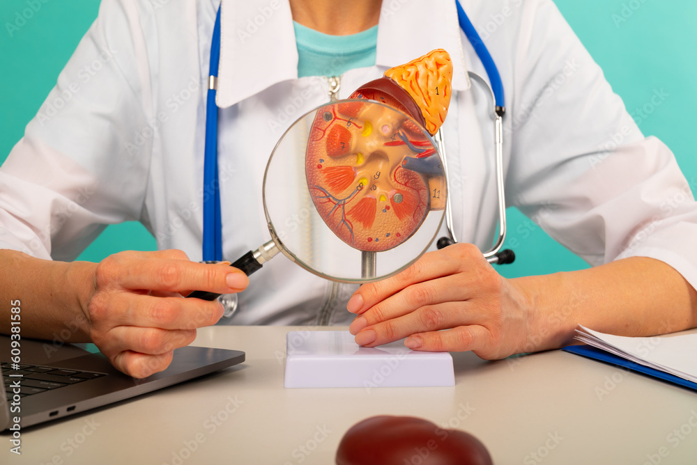 Male doctor showing a model of human kidney using magnifying glass ...