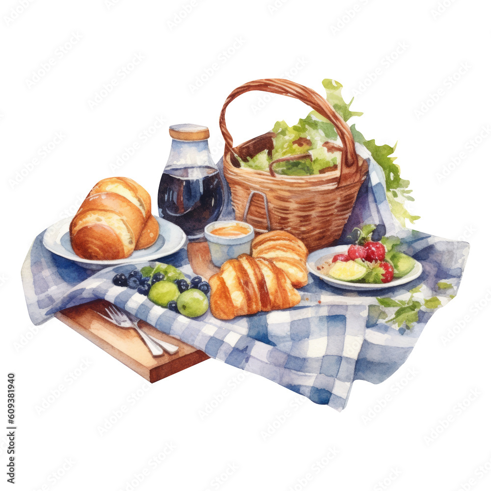 Watercolor picnic basket with fruits, peaches, grapes, bread, wine ...
