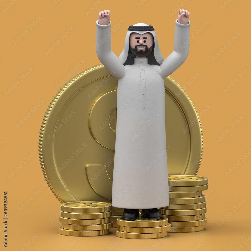 3D Illustration of smiling Arab man Hadi standing on the stack of gold ...