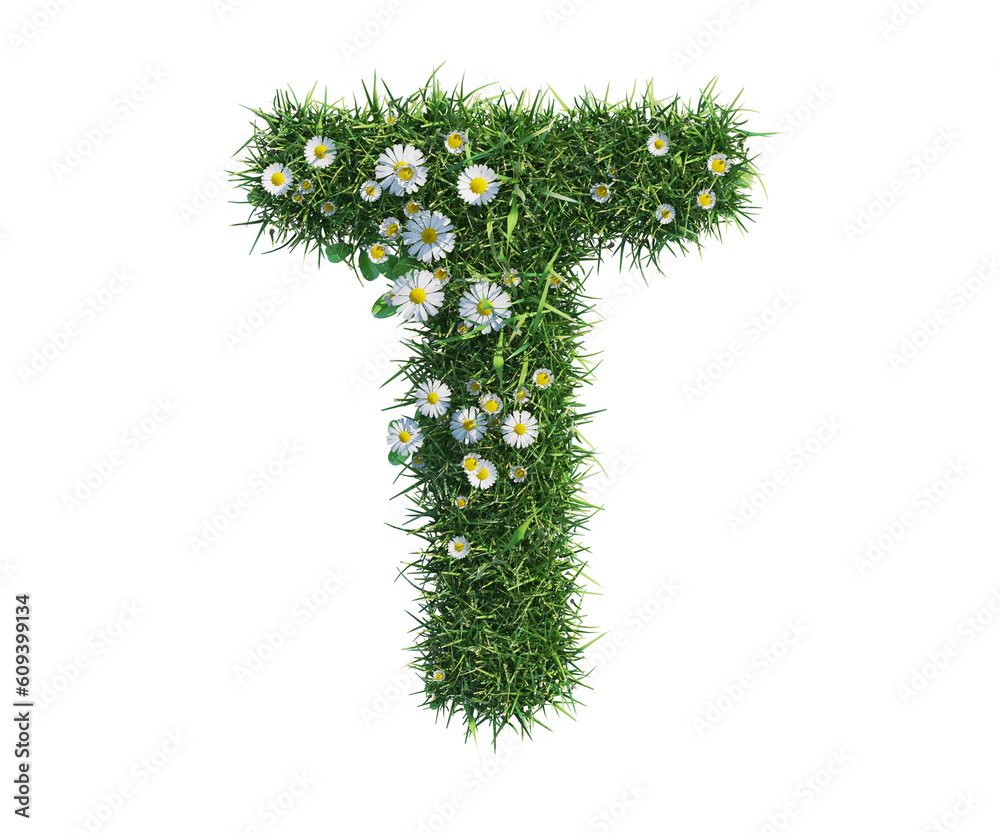 3D font letter T, cut out PNG, made of grass and daisy flowers ...