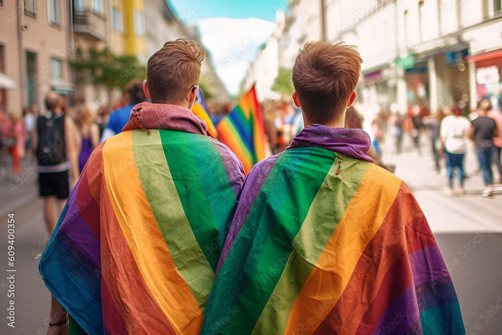Two gay men wrapped in pride flags. Gay couple wrapped in rainbow flags ...