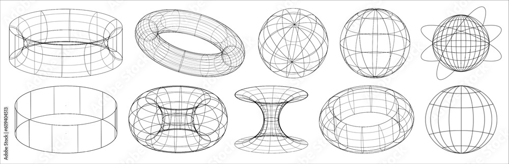 3d Retro futuristic. Black trip elements on the white background. Acid ...