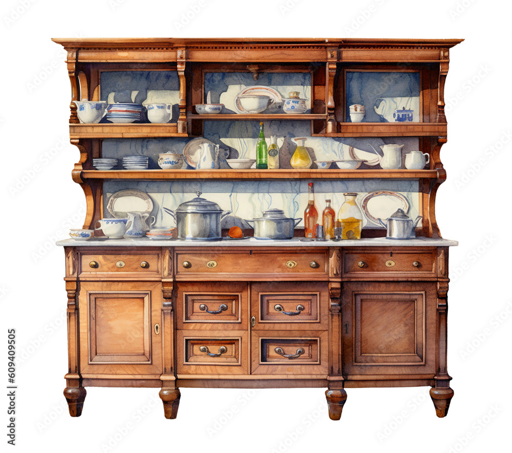 Vintage kitchen counter and drawer, watercolor, front view, elevation ...