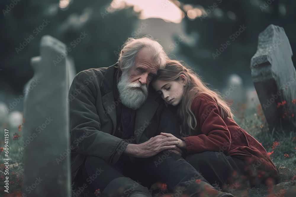 In the solemn ambiance of the cemetery, a sad old man and girl find ...