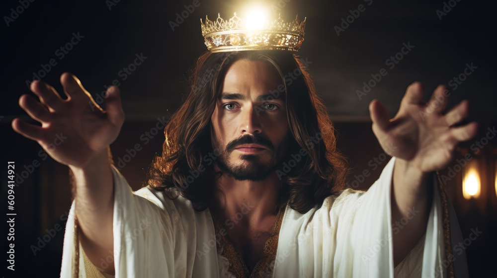 Jesus is king, crown, Jesus blessing people, hands reached out ...