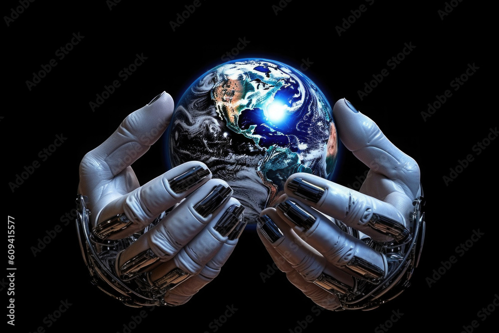 Robot hand holds planet on abstract background. Global world in hand of ...