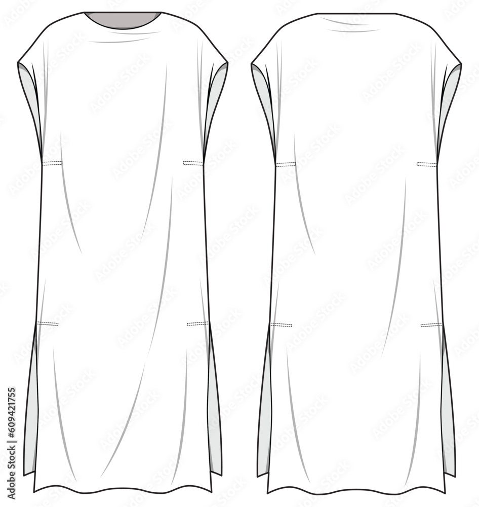 Long Caftan with Side Slit Front and Back View. Fashion Illustration ...