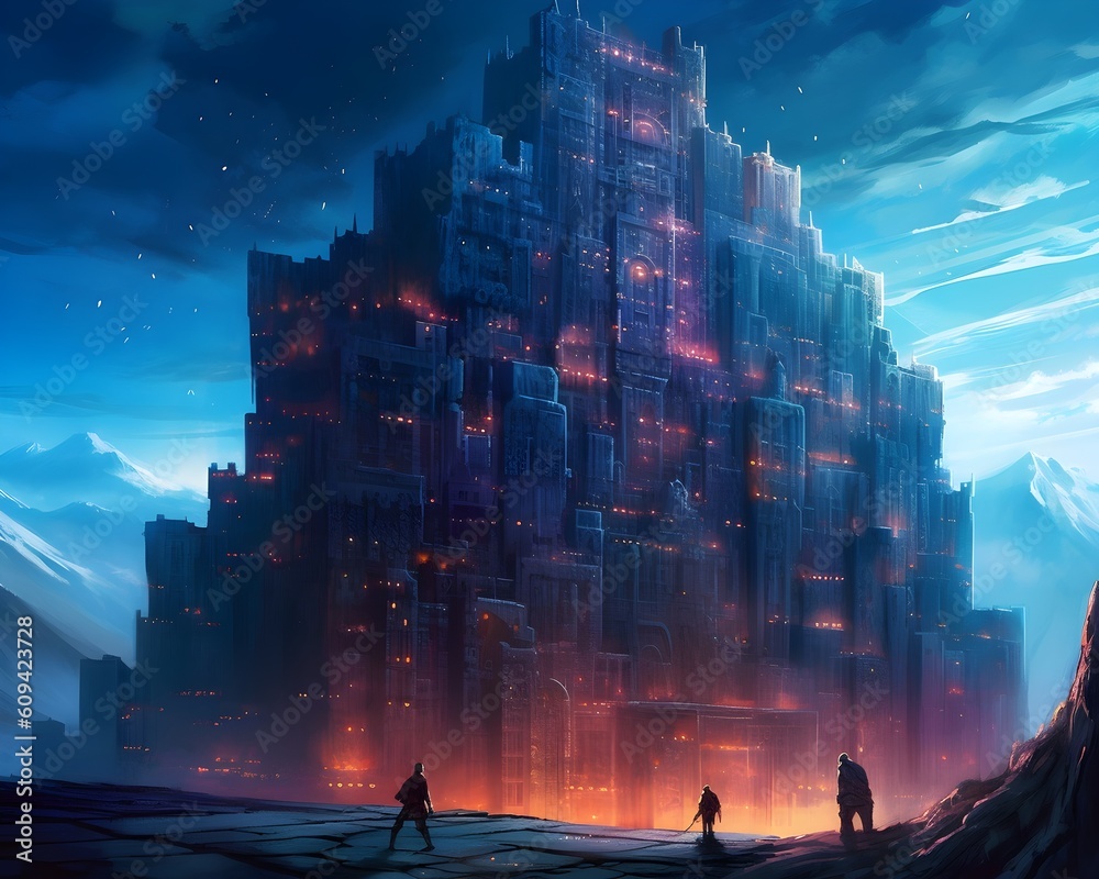 Digital Painting of Pixelated Fortress, Binary Code, Glowing Firewalls ...