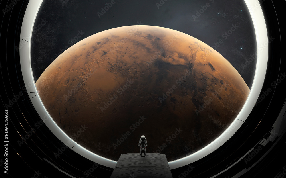 Astronaut at a huge window of spaceship looks at mars. 5K realistic ...