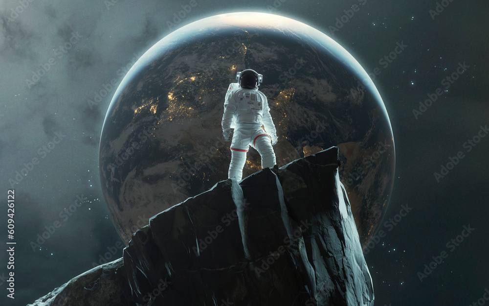 Astronaut looks into space from a high cliff on the moon. 5K realistic ...