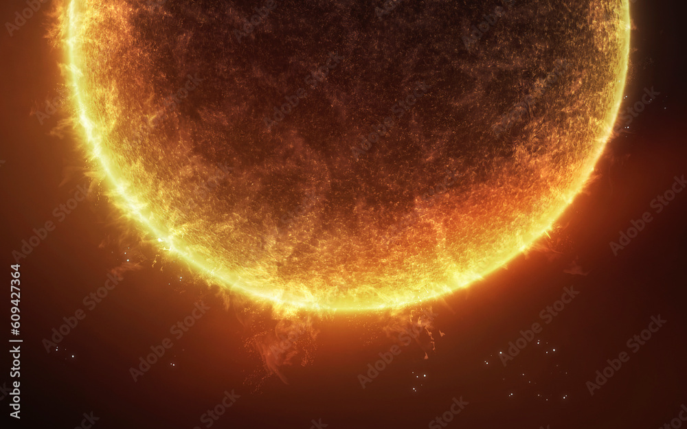 3D illustration of burning star in deep space. Sun render. 5K realistic ...