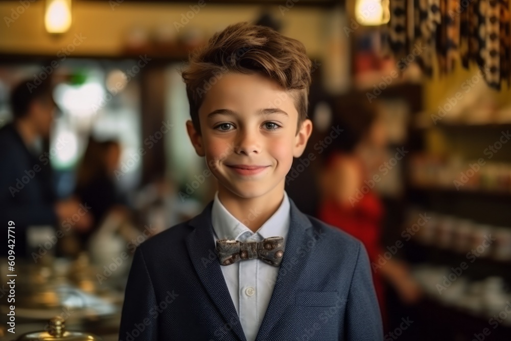 Medium shot portrait photography of a grinning child male that is ...