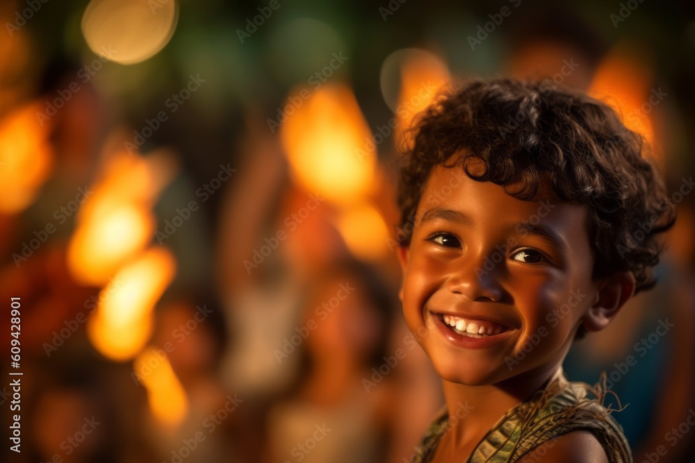 Portrait of smiling little boy in front of the fire at night Stock ...