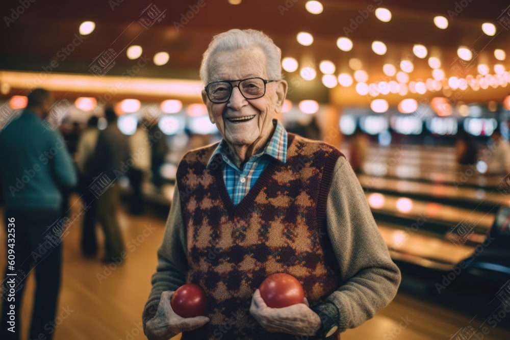 Portrait of senior man holding bowling ball and two tomatoes at bowling ...