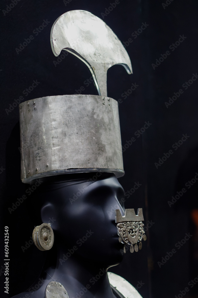 Lima, Peru, June 03 2023 : silver Chimu (Chimú) artifacts (crown and ...