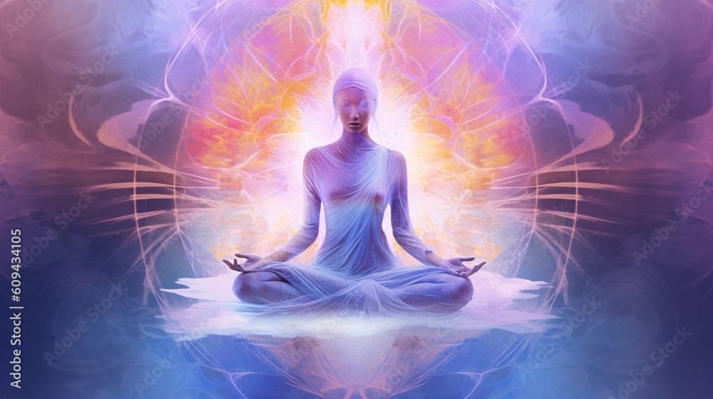 A mesmerizing digital art piece capturing the serene essence of spiritual awakening. A central ...
