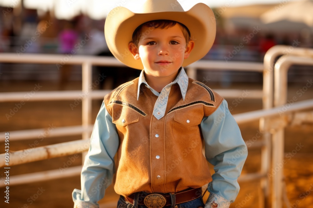Cute little boy in cowboy costume on horseback at rodeo Stock ...
