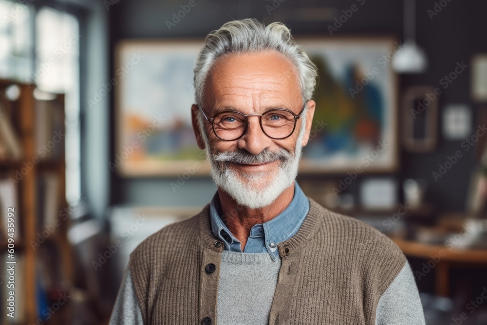 Medium shot portrait photography of a grinning man in his 60s that is wearing a chic cardigan ...