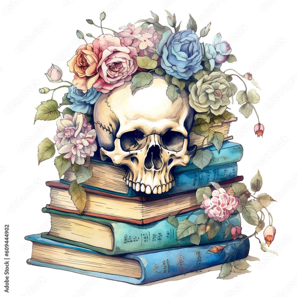 Skull on Books Watercolor Clipart Illustration, Book Stacked, Skull ...