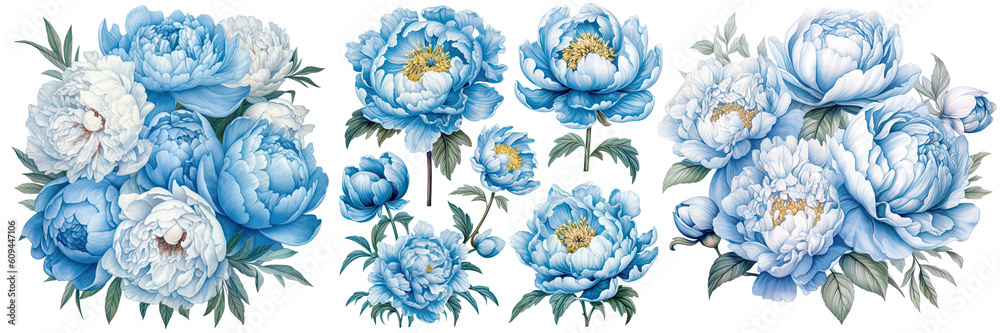 Set of pastel blue peonies flower ,Watercolor collection of hand drawn ...
