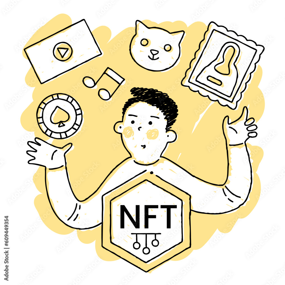 Cute cartoon man. NFT token in blockchain technology in digital crypto ...