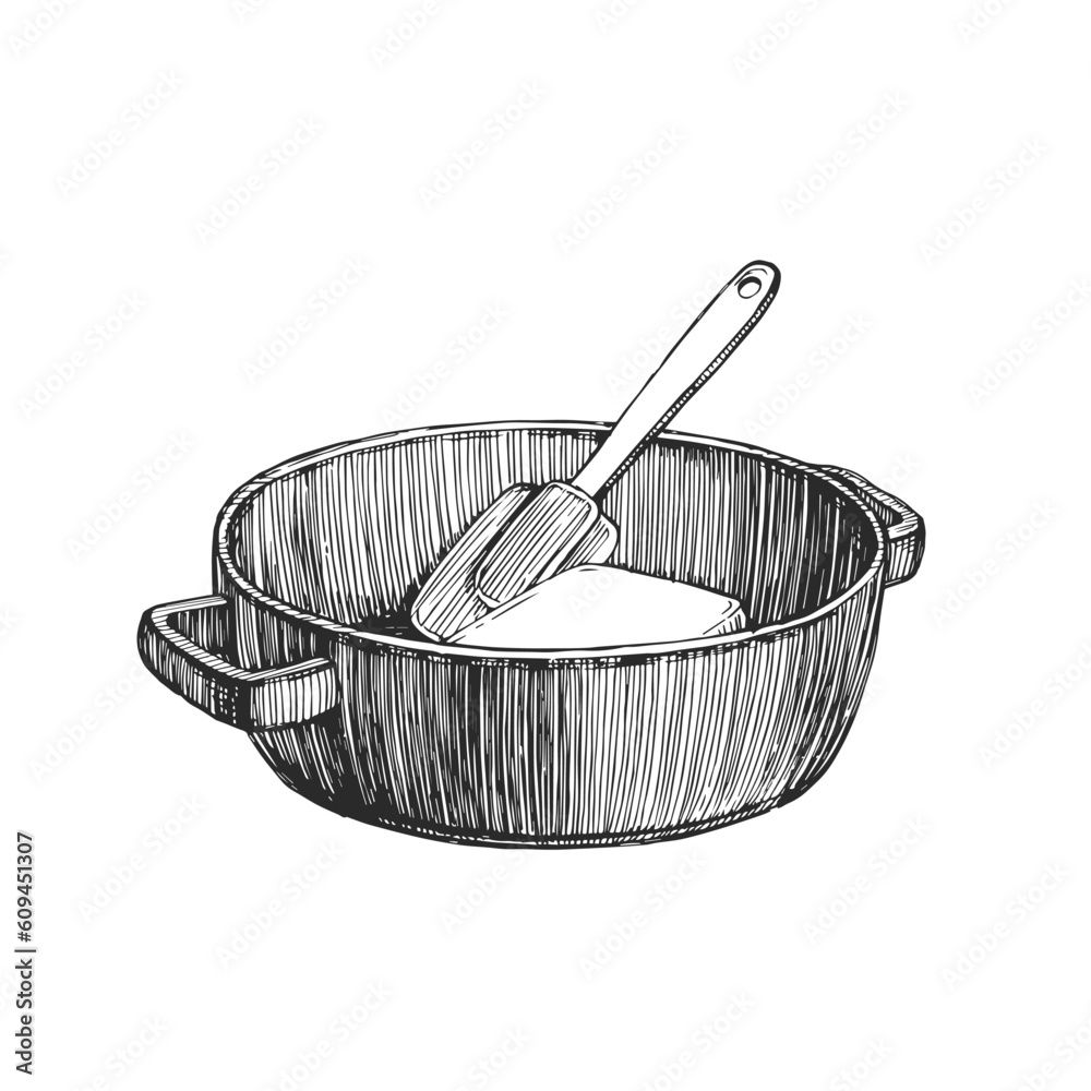 Vector hand-drawn illustration of saucepan with piece of butter ...