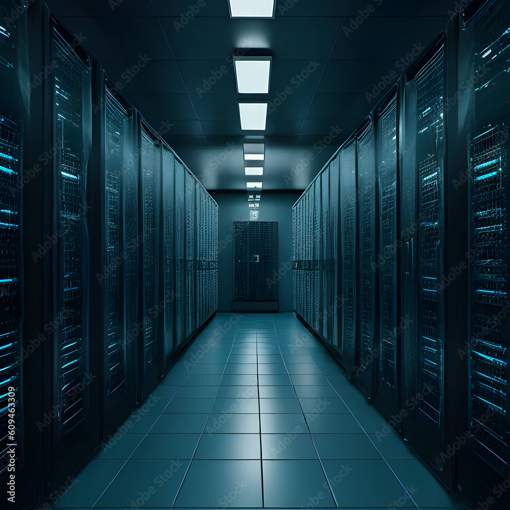 An aerial view of a server room showcasing rows of blinking servers ...
