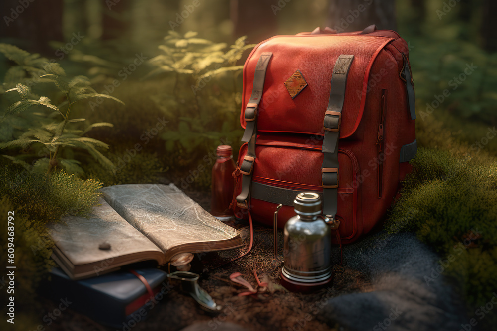 School trip backpack in the woods. A beautiful forest moss next to a ...