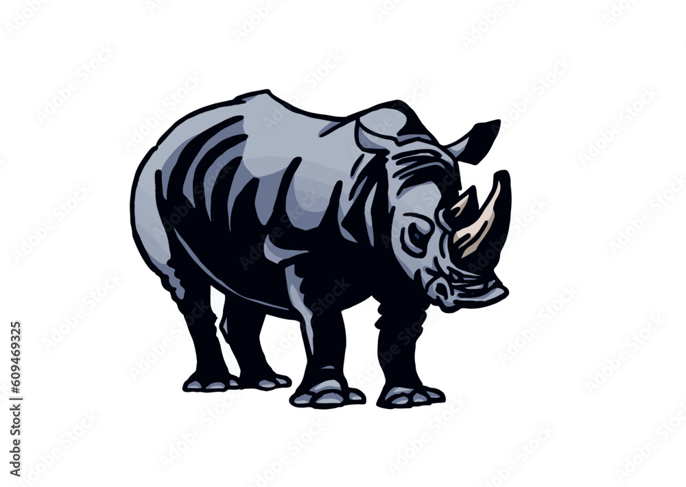 Vector color illustration of rhino isolated on white background, grey ...