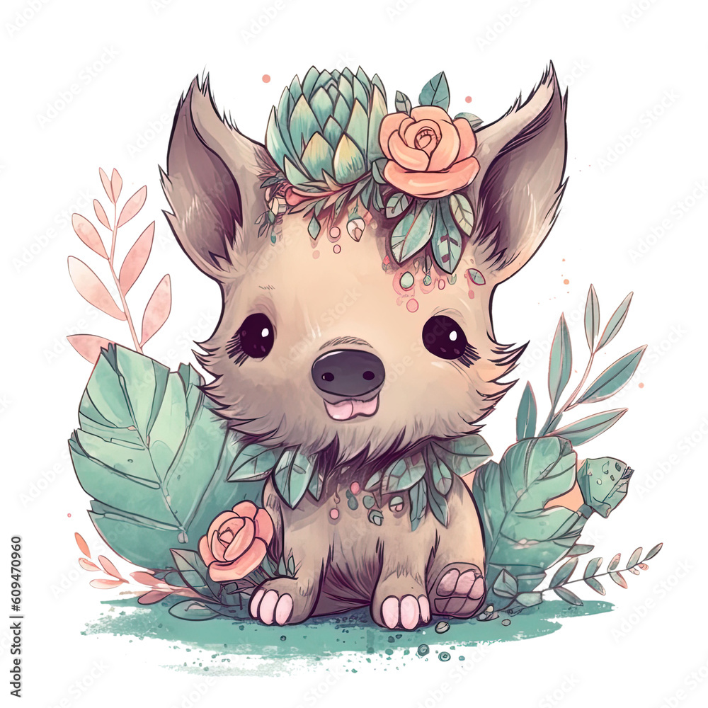 Cartoon wombat and flowers clipart, cartoon wombat watercolor, wombat ...