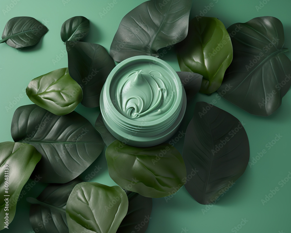 A white jar of cream sits on a green table with green leaves and the ...