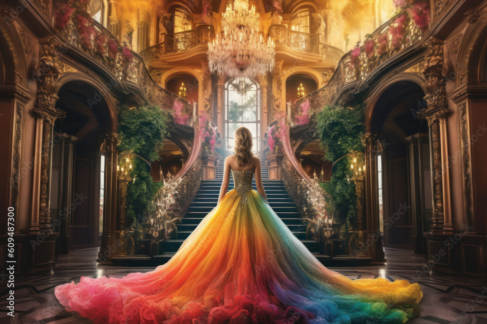 Artistic processing Fantasy girl princess in pink dress stands in ...