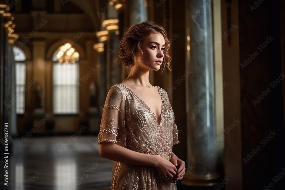 Artistic processing Fantasy girl princess in pink dress stands in ...