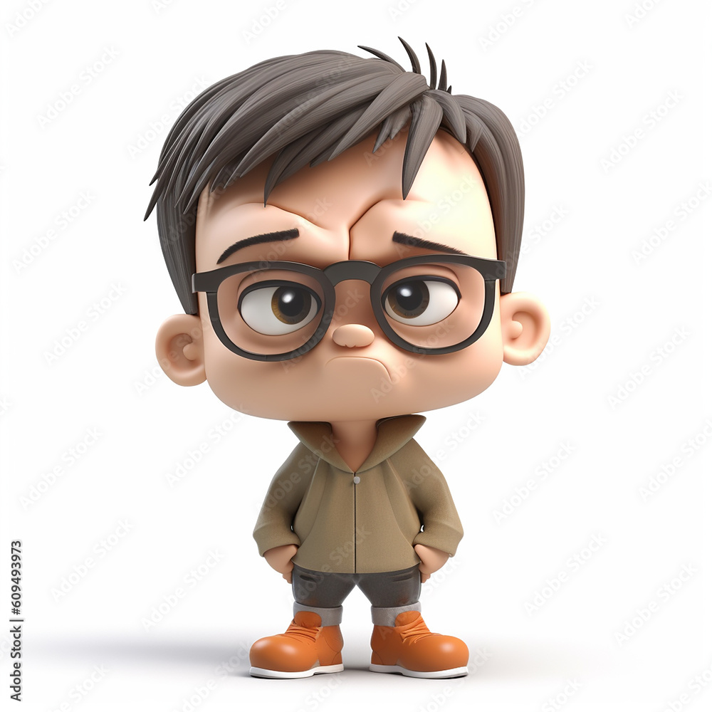 Boy catoon 3d character using glasses small eyes, angry, white ...