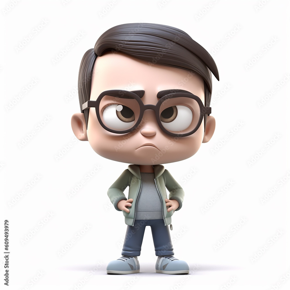 Boy catoon 3d character using glasses small eyes, angry, white ...