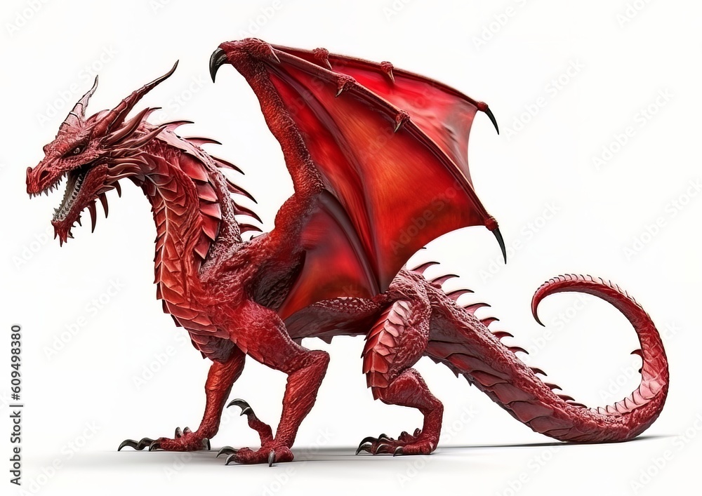 A red dragon standing isolated on a white background with wings spread ...