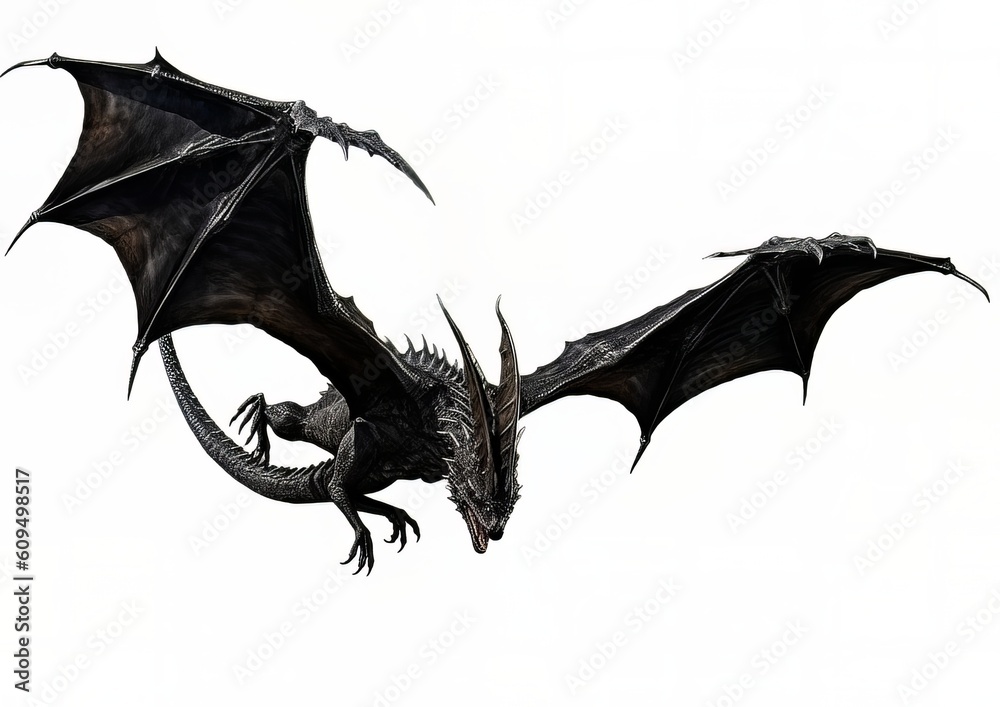 ภาพประกอบสต็อก Black dragon flying with wings spread on a white ...