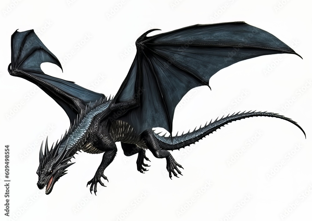 Black dragon flying with wings spread on a white isolated background ...
