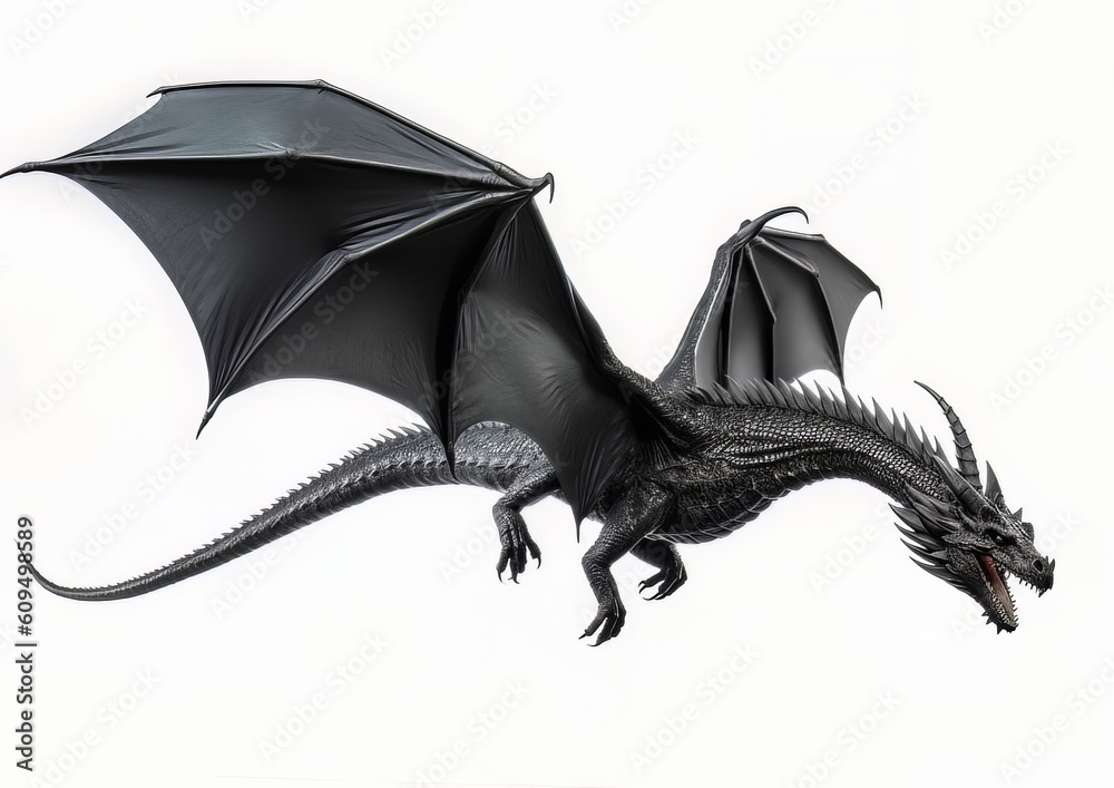 Black dragon flying with wings spread on a white isolated background ...