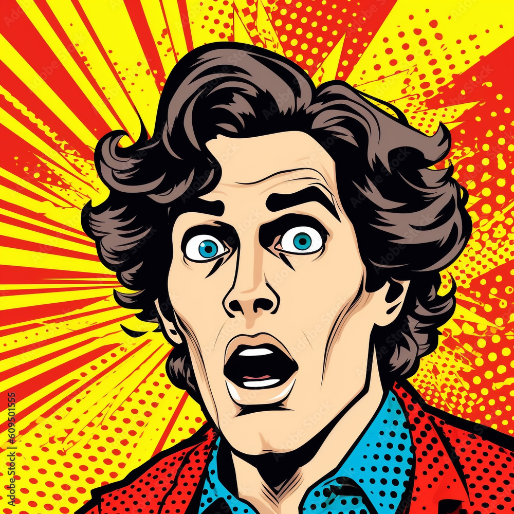 Pop Art style comic book panel with terrified man in a panic screaming ...