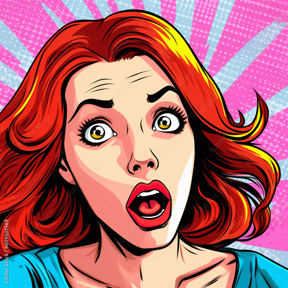 Pop Art style comic book panel with terrified woman in a panic ...