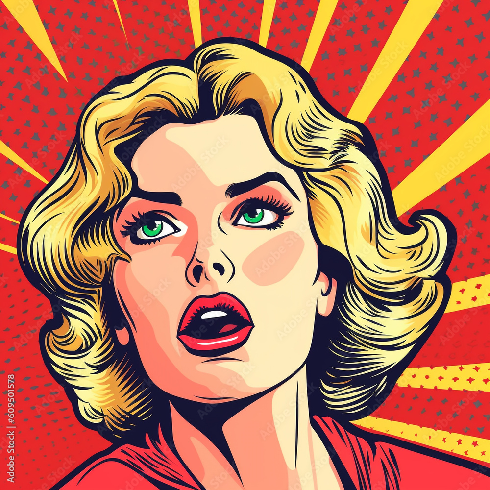 Pop Art style comic book panel with terrified woman in a panic ...