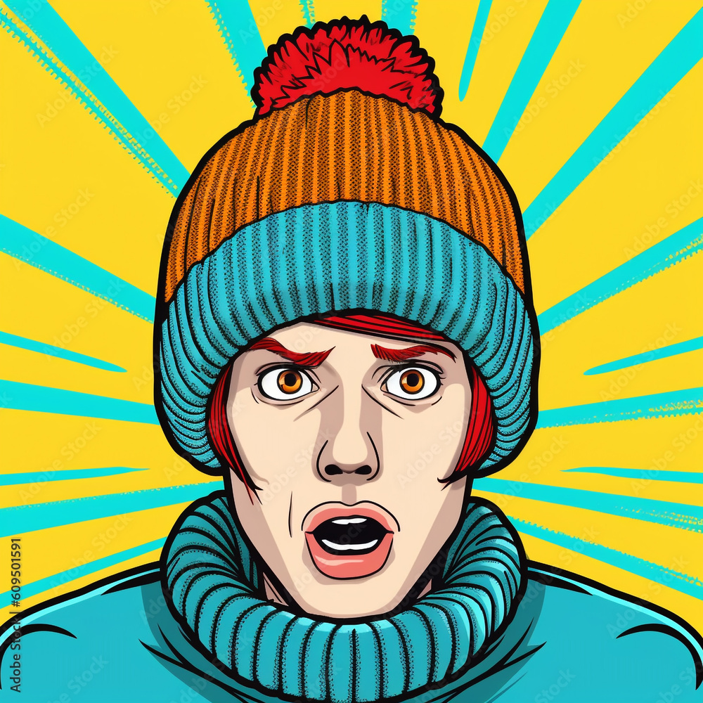 Pop Art style comic book panel with terrified man in a panic screaming ...