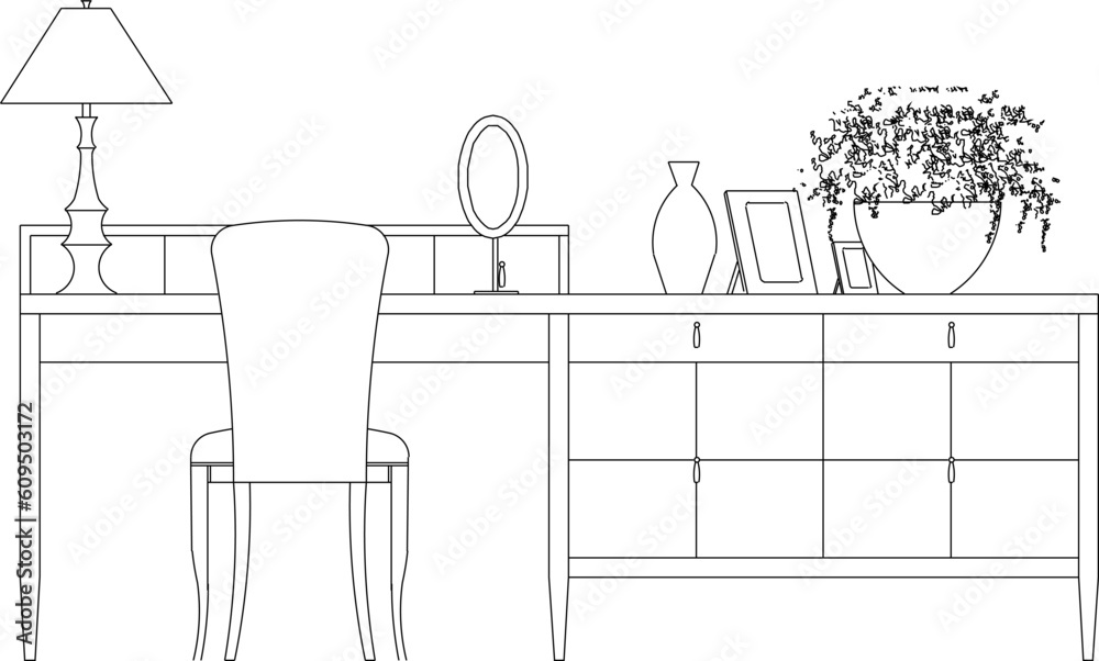 Sketch vector illustration of office employee desk work area side view ...