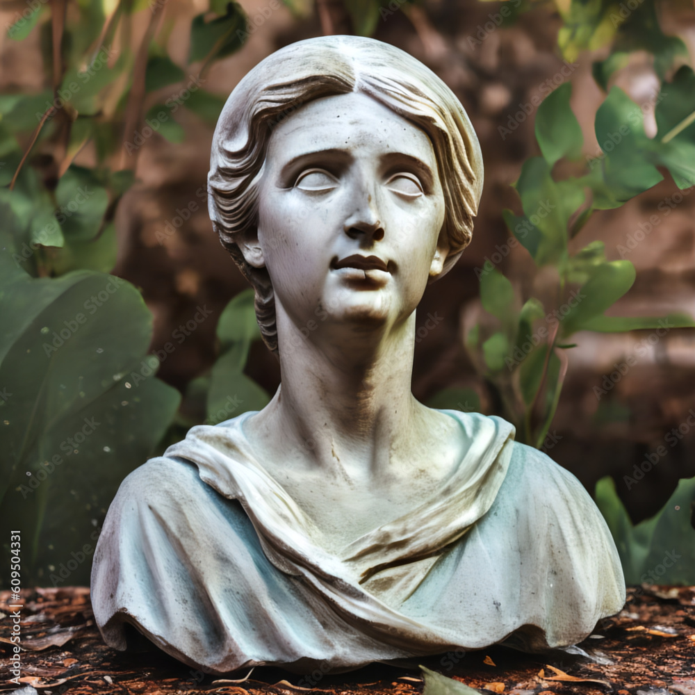 ancient Greek statue woman's head falling in pieces. Broken marble ...