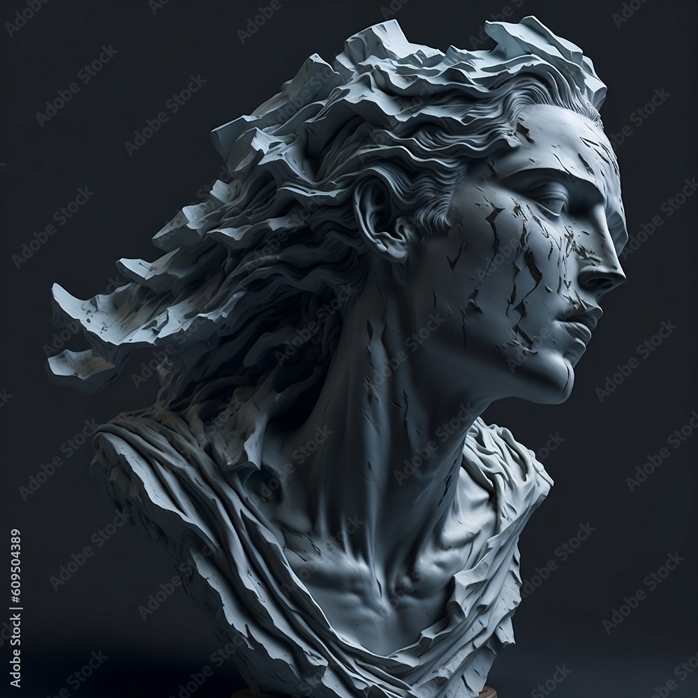 ancient Greek statue woman's head falling in pieces. Broken marble ...