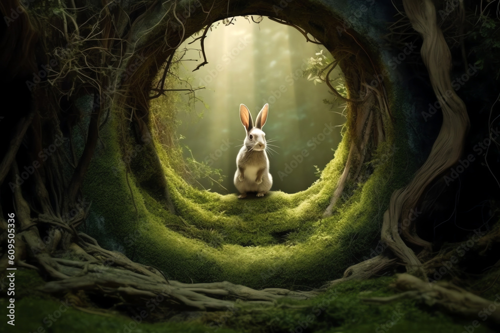Rabbit in old cave hole in the forest - Generative AI Stock ...