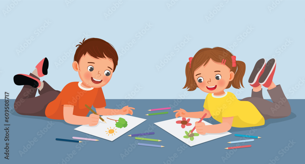 Cute little kids drawing painting together lying on the floor Stock ...