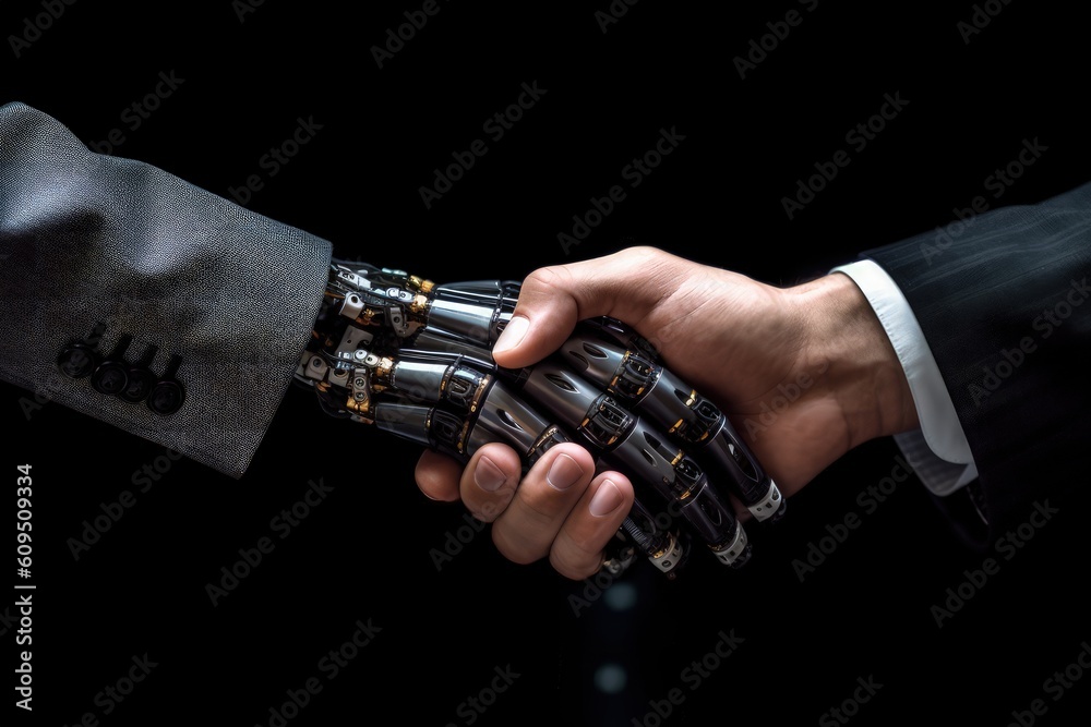 Human hand shakes artificial intelligence robotic hand, concept of ...