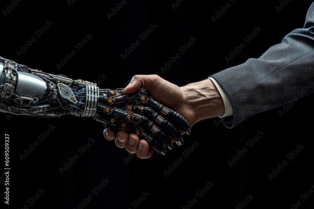 Human hand shakes artificial intelligence robotic hand, concept of ...